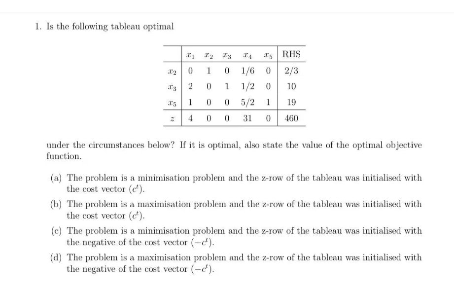 Solved 1. Is the following tableau optimal under the | Chegg.com