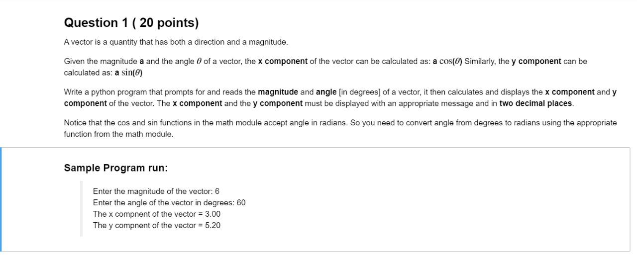 Solved Question 1 (20 points) A vector is a quantity that | Chegg.com