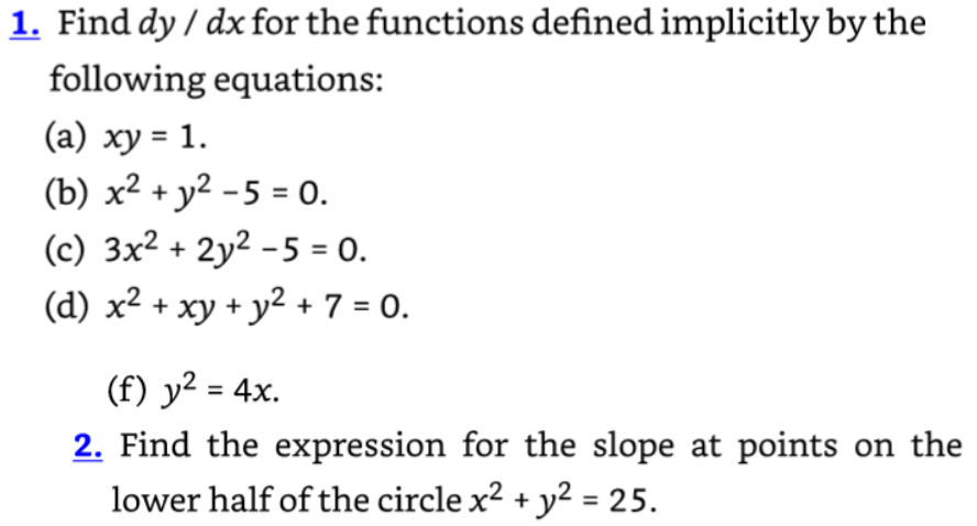Solved 1. Find dy/dx for the functions defined implicitly by | Chegg.com