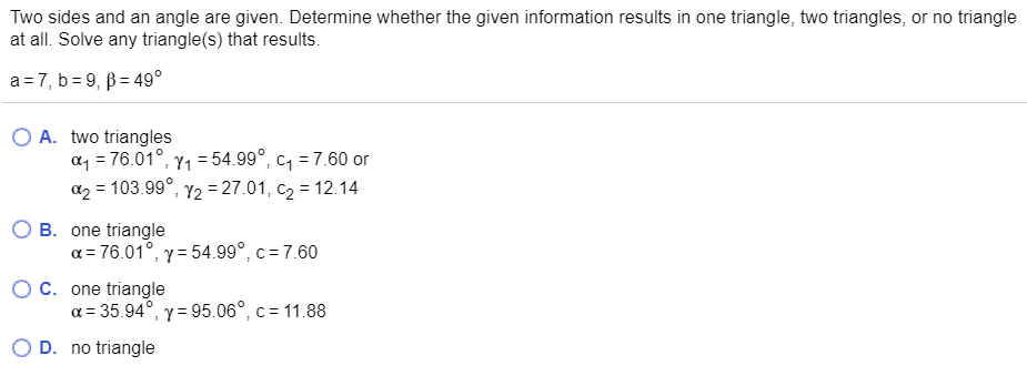 Solved Two sides and an angle are given. Determine whether | Chegg.com