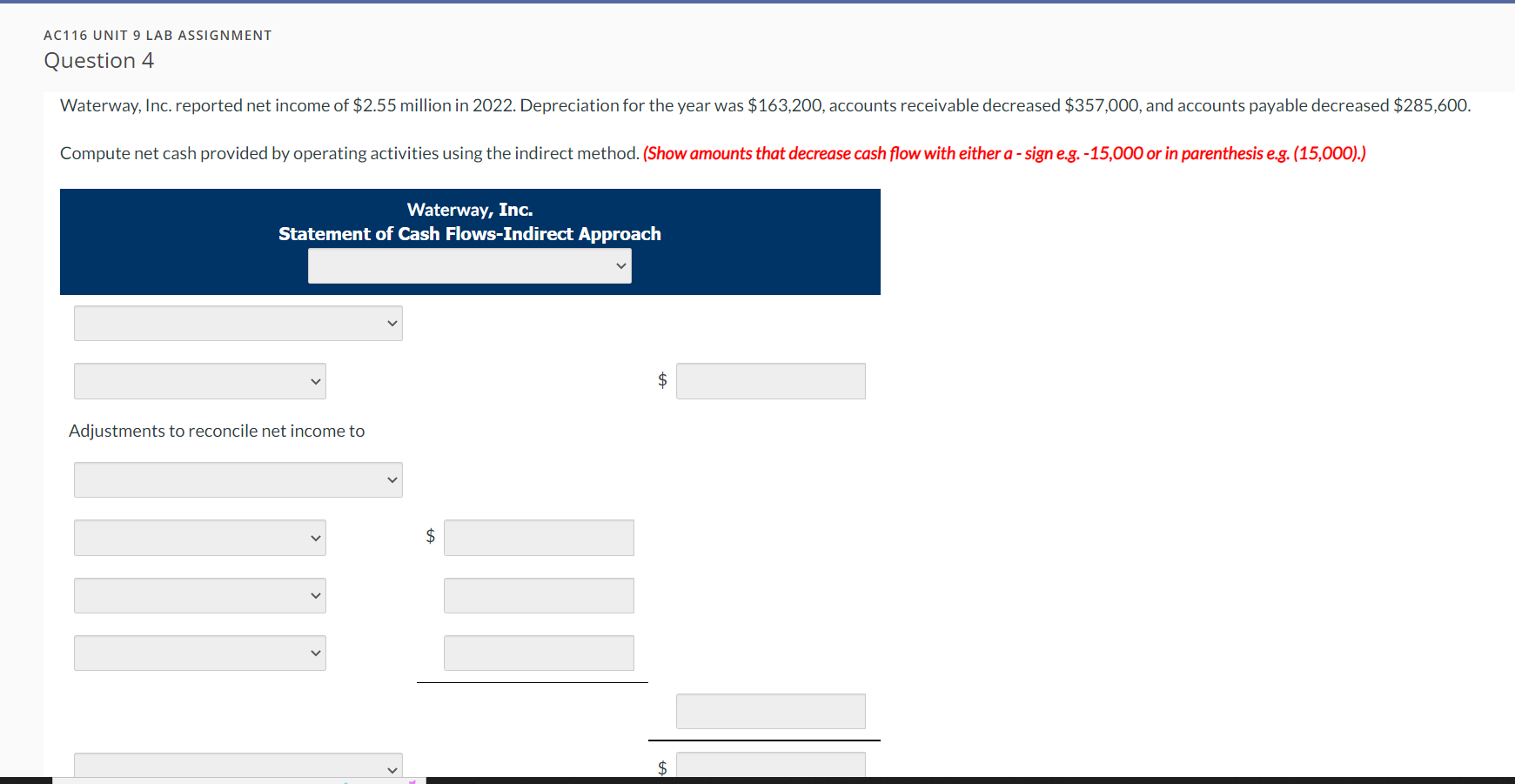 Solved AC116 UNIT 9 LAB ASSIGNMENT Question 4 Waterway, Inc. | Chegg.com