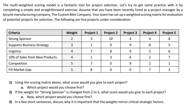 Solved The multi-weighted scoring model is a fantastic tool | Chegg.com