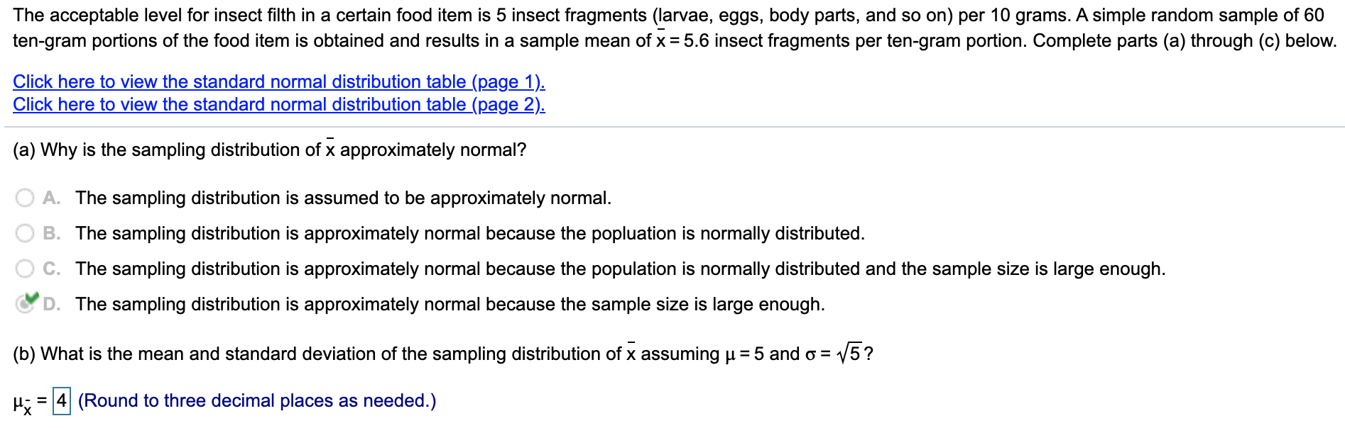Solved The acceptable level for insect filth in a certain | Chegg.com
