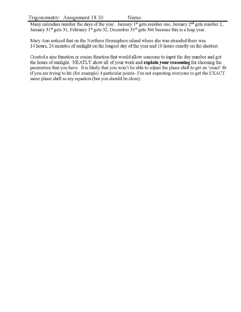 Solved Trigonometry: Assignment 18.10 Name: Many calendars | Chegg.com