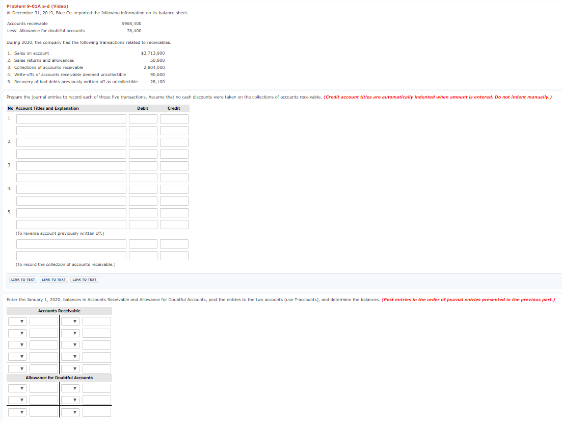Solved Problem 9-01A a-d (Video) At December 31, 2019, Blue | Chegg.com