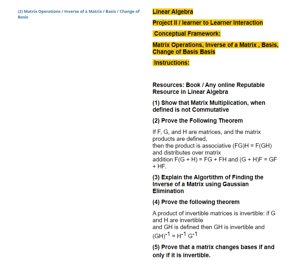 Solved (2) Matrix Operations / Inverse of a Matrix / Basis / | Chegg.com
