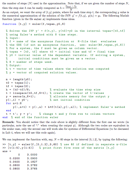 MAT 275 Laboratory 3 Numerical Solutions by Euler and | Chegg.com