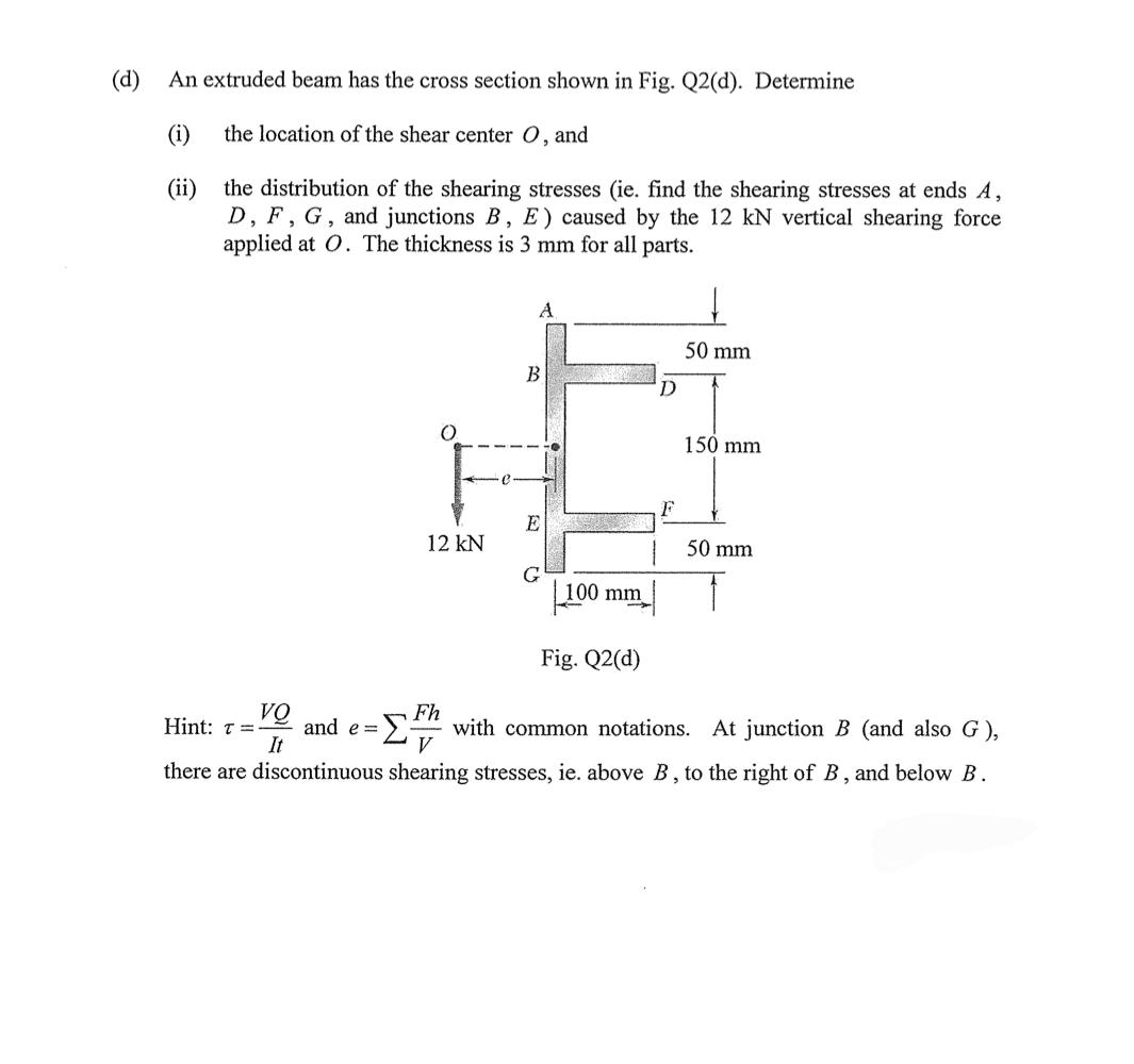 Solved (d) An extruded beam has the cross section shown in | Chegg.com