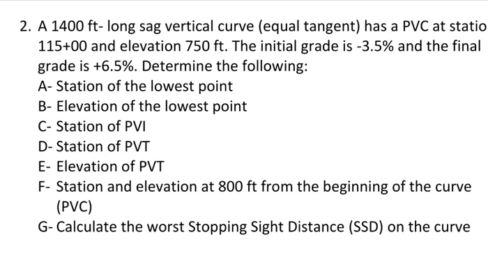 Solved A 1400 ft- long sag vertical curve (equal tangent) | Chegg.com