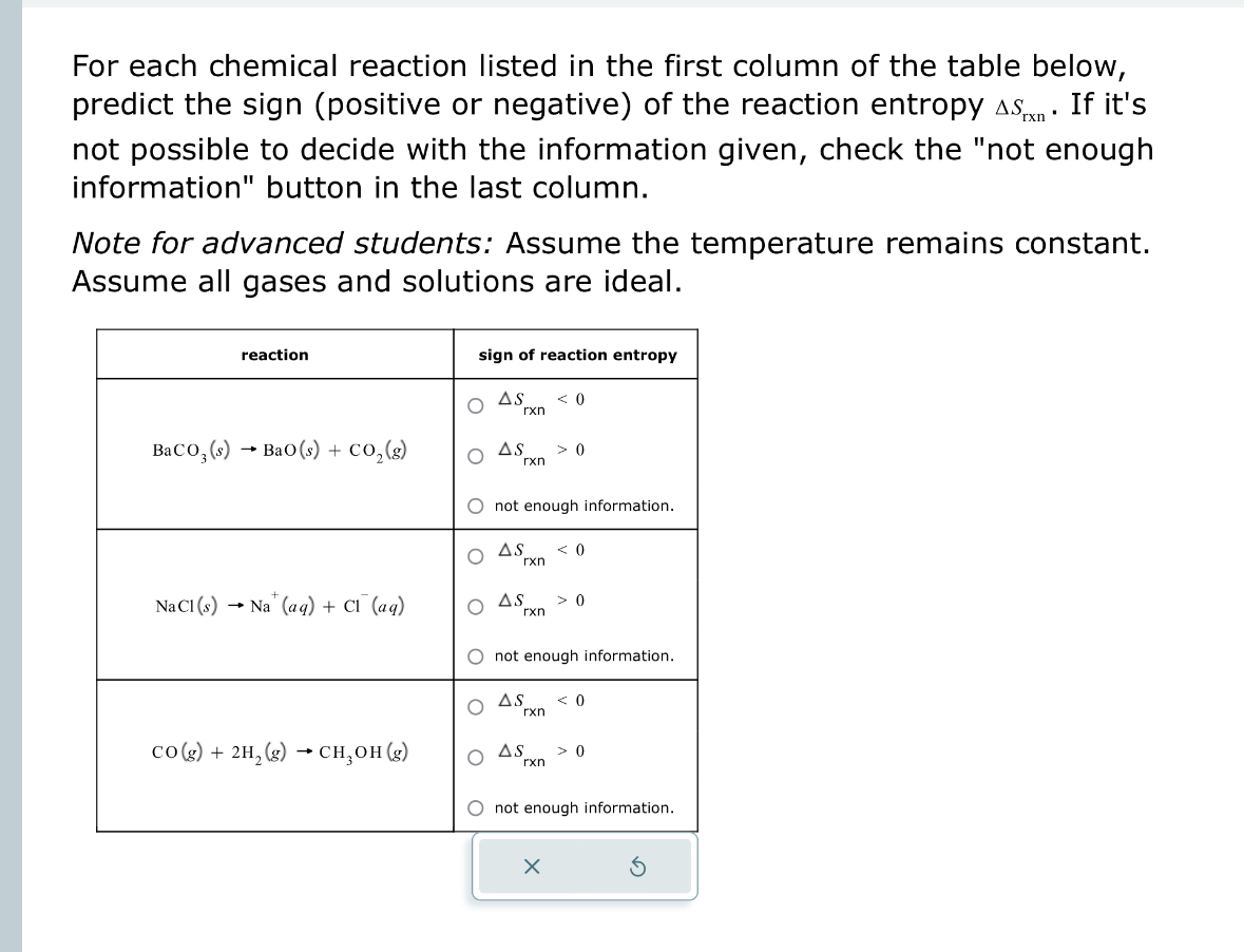 Solved For each chemical reaction listed in the first column | Chegg.com