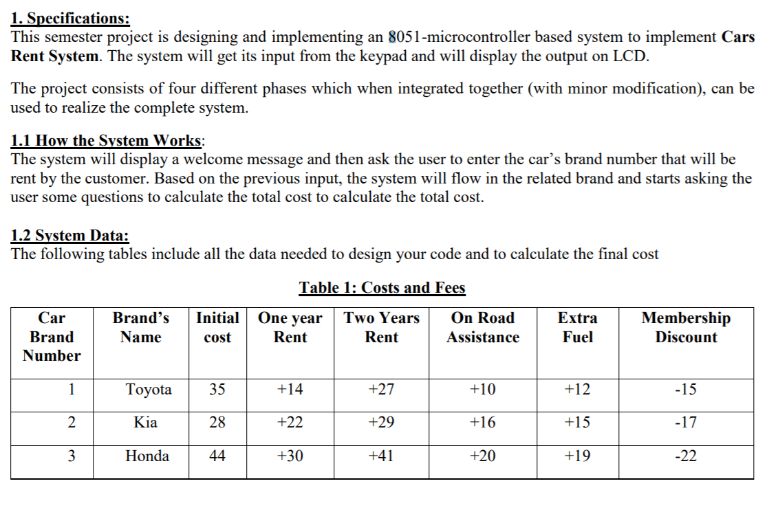 Solved 1. Specifications: This semester project is designing | Chegg.com