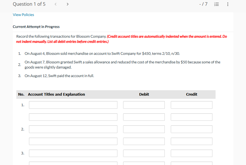 Solved Question 1 ﻿of 5\( -17 \)View PoliciesCurrent Attempt | Chegg.com