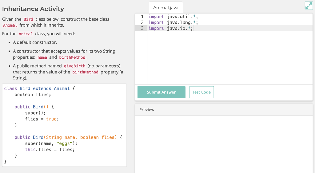 Inheritance Activity Given the Bird class below, | Chegg.com
