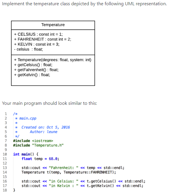 Solved Implement the temperature class depicted by the | Chegg.com