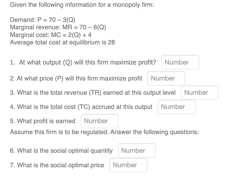 Solved Given the following information for a monopoly firm: | Chegg.com