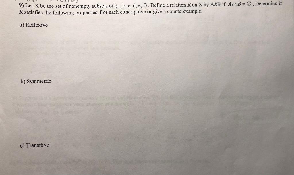 Solved 9) Let X be the set of nonempty subsets of {a, b, c, | Chegg.com