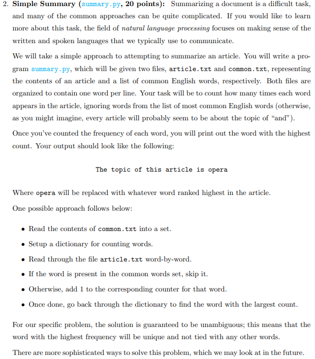 Solved Simple Summary (sumary ⋅ py, 20 points): Summarizing | Chegg.com
