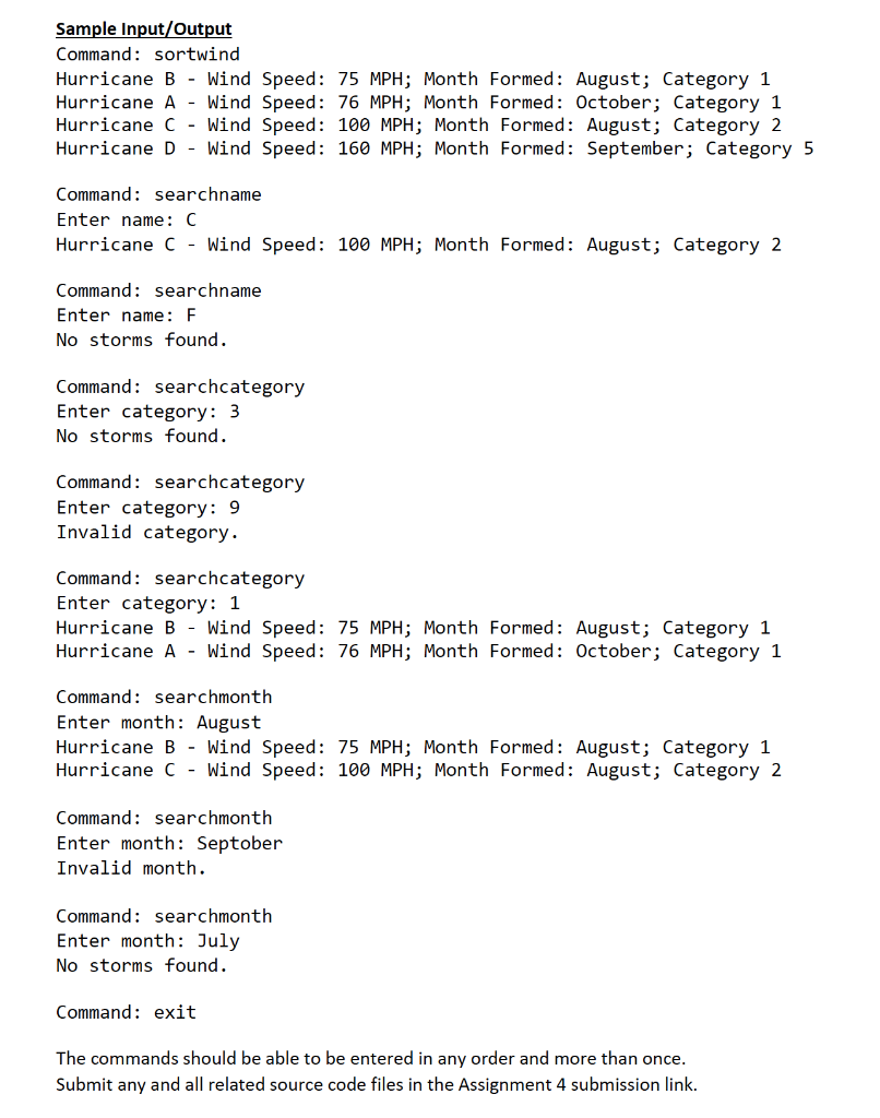 Hurricane List Sort and Search Using C++, Java, or | Chegg.com