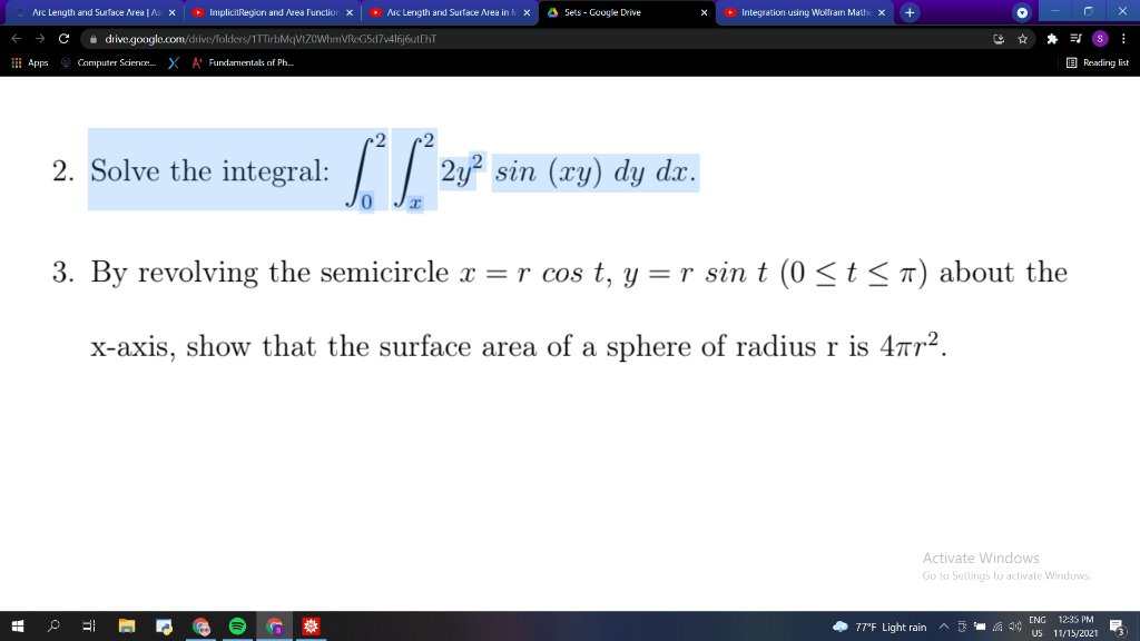 Solved Arc Length and Surface PreaA X Implicit Region and | Chegg.com