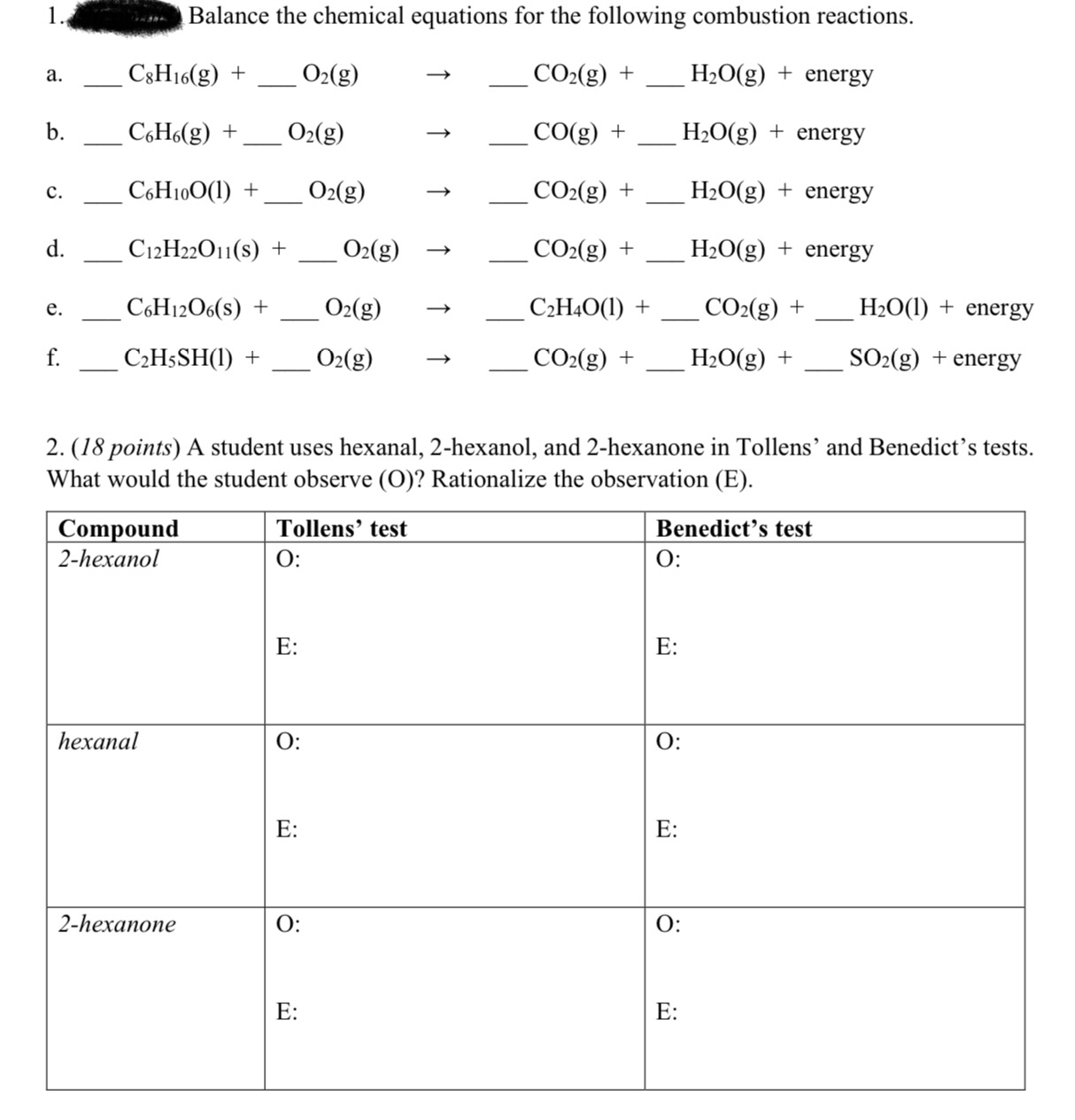 Solved 1. Balance the chemical equations for the following | Chegg.com