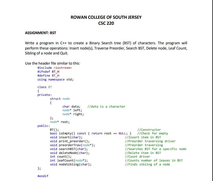 ROWAN COLLEGE OF SOUTH JERSEY CSC 220 ASSIGNMENT: BST | Chegg.com
