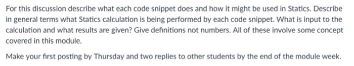 Solved For this discussion describe what each code snippet | Chegg.com