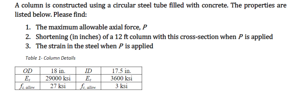 Solved A column is constructed using a circular steel tube | Chegg.com