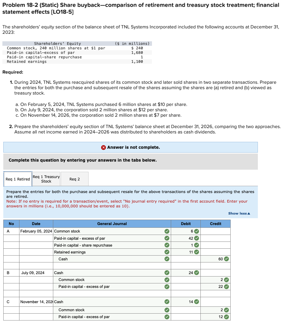 Problem 18-2 (Static) Share buyback-comparison of | Chegg.com
