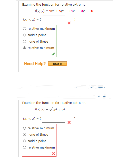 Solved Examine the function for relative extrema. f(x, y) = | Chegg.com