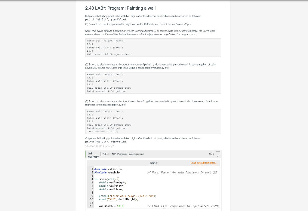 Solved 2.40 LAB*: Program: Painting a wall Output each | Chegg.com