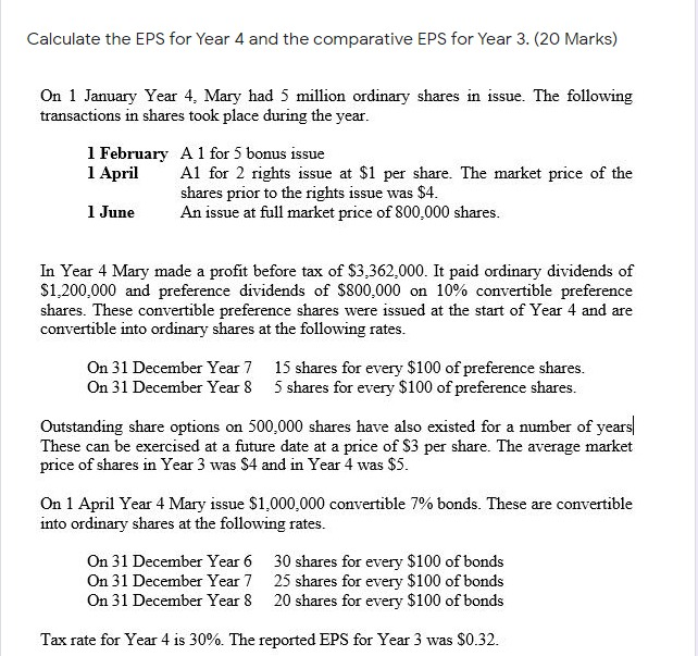 Solved Calculate the EPS for Year 4 and the comparative EPS | Chegg.com