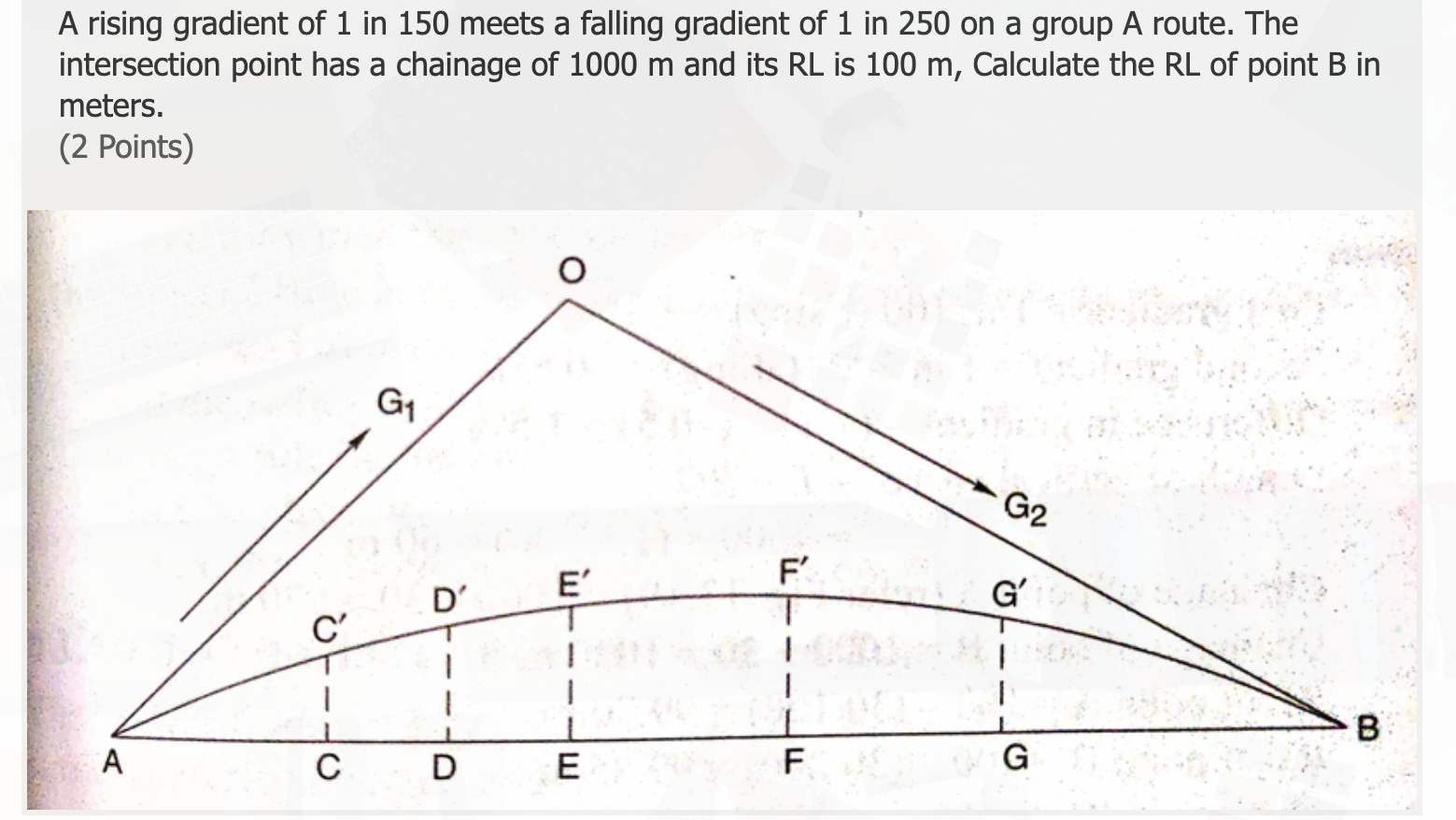 Solved A rising gradient of 1 in 150 meets a falling | Chegg.com