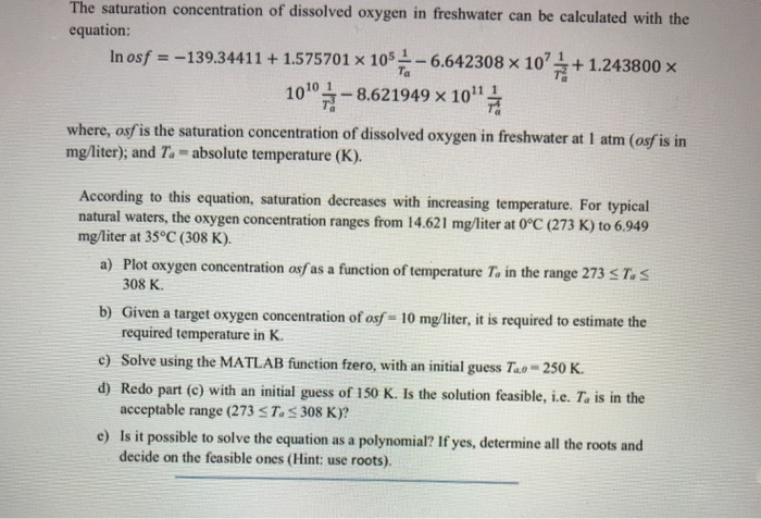Solved The saturation concentration of dissolved oxygen in | Chegg.com