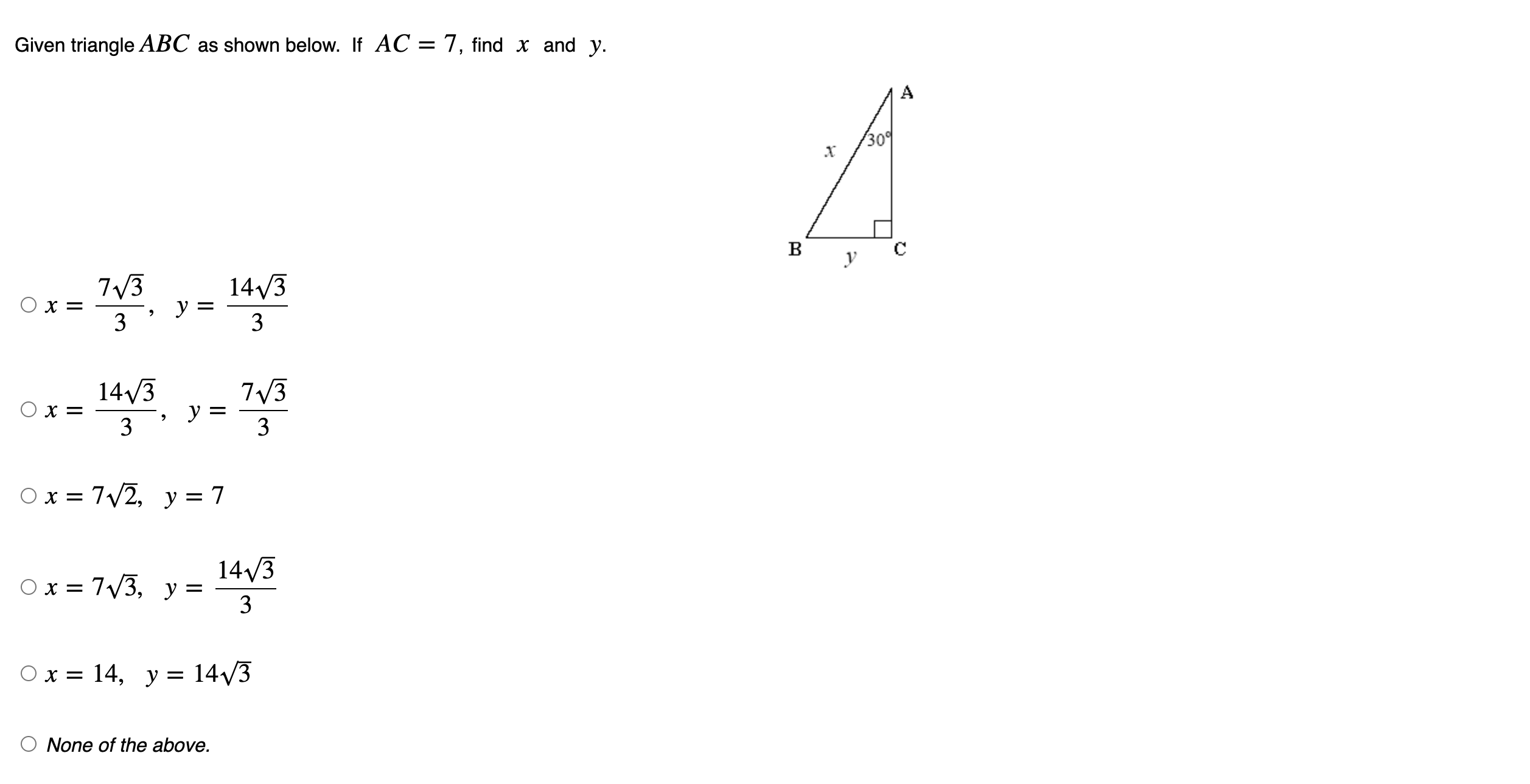 Solved Given triangle ABC as shown below. If AC=7, find x | Chegg.com