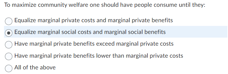 Solved To maximize community welfare one should have people | Chegg.com