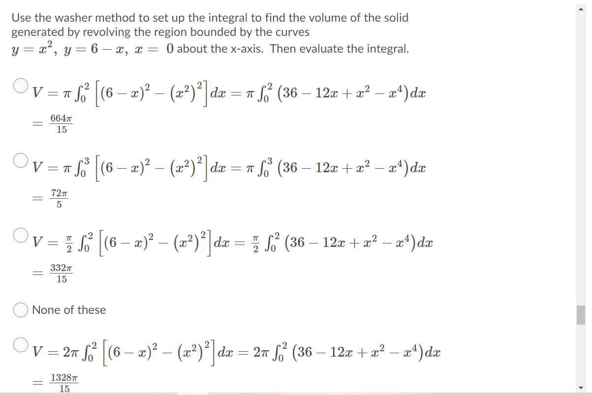 Solved Use the washer method to set up the integral to find | Chegg.com