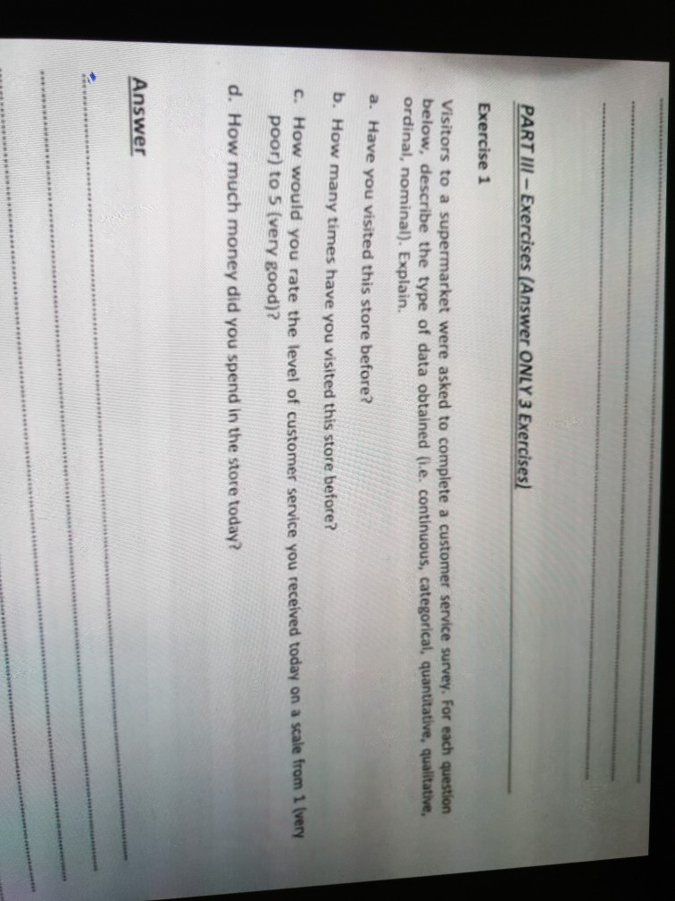 Solved PART III-Exercises (Answer ONLY 3 Exercises) Exercise | Chegg.com