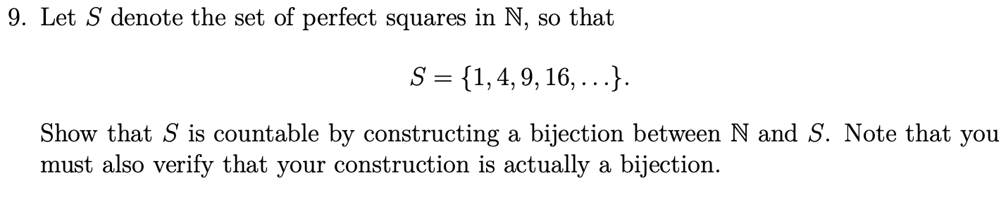 Solved Let S ﻿denote the set of perfect squares in N, ﻿so | Chegg.com