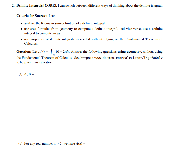 Solved 2. Definite Integrals [CORE]. I can switch between | Chegg.com