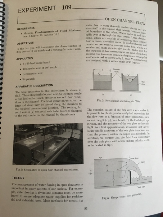 EXPERIMENT 109 OPEN CHANNEL FLOW water flow in open | Chegg.com