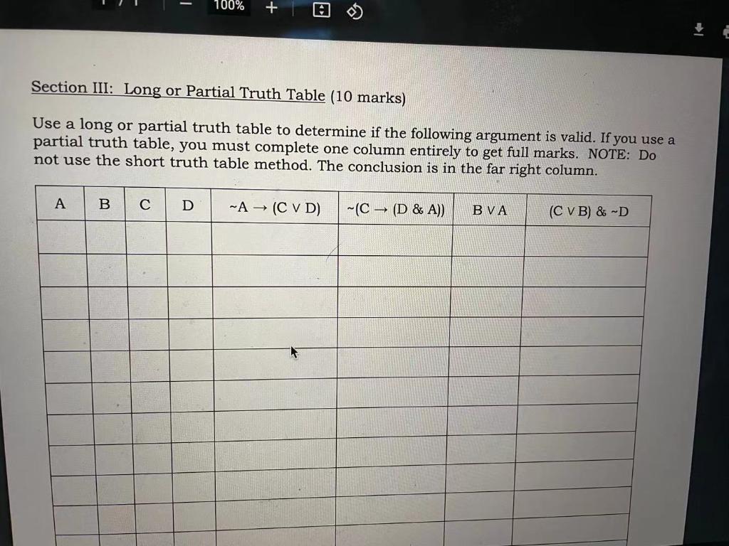 Solved 100% + Section III: Long or Partial Truth Table (10 | Chegg.com