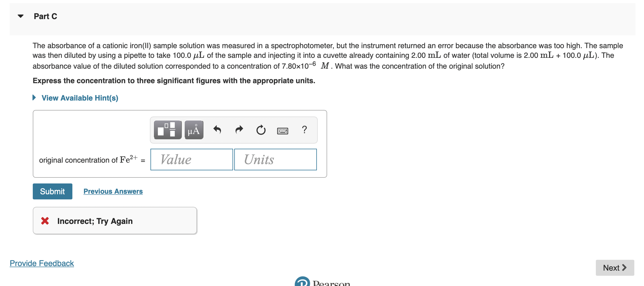 Solved The absorbance of a cationic iron(II) sample solution | Chegg.com