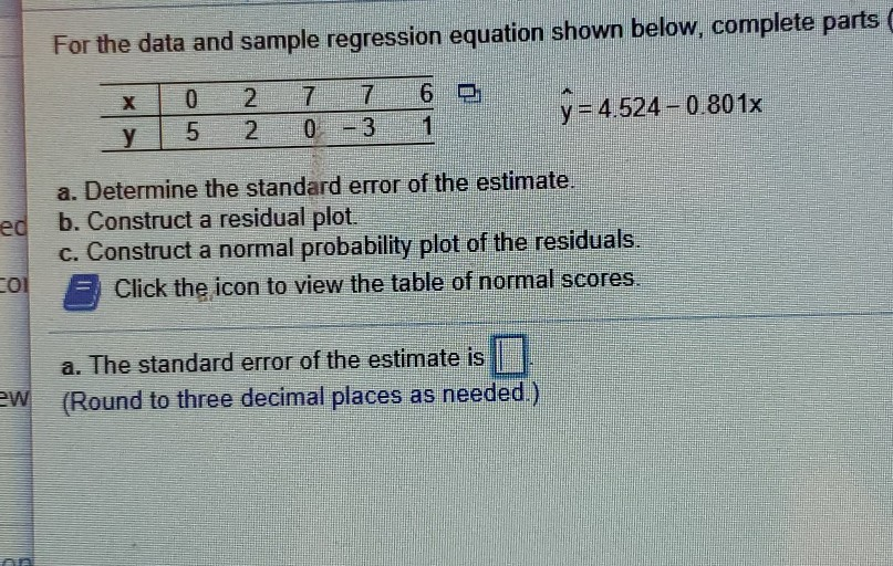Solved For the data and sample regression equation shown | Chegg.com