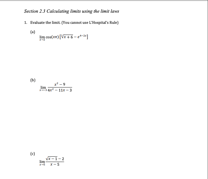 Solved Section 2.3 Calculating limits using the limit laws | Chegg.com