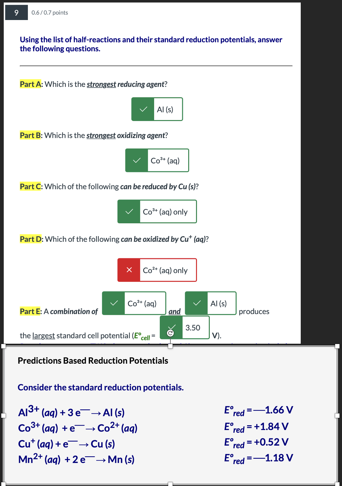 Solved Predictions Based Reduction PotentialsConsider the | Chegg.com