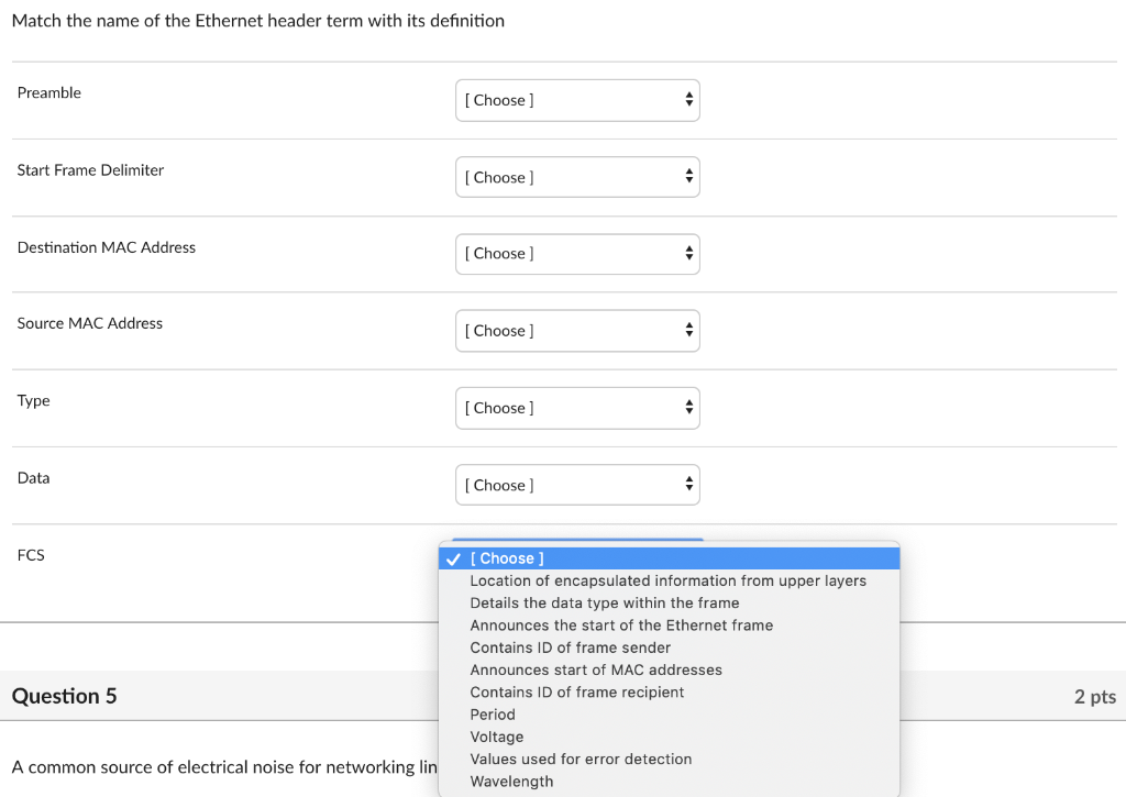 Solved Match The Name Of The Ethernet Header Term With Its