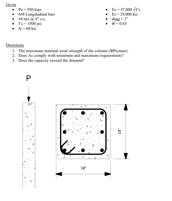 Solved Given - Pu=950kips - 6\#8 Longitudinal bars - \#4 | Chegg.com