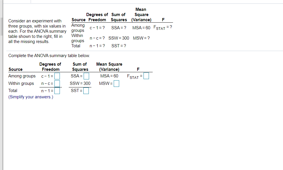 Solved Mean Degrees of Sum of Square Consider an experiment | Chegg.com