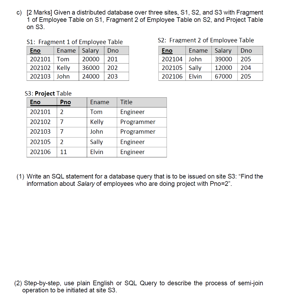 Solved c) [2 Marks] Given a distributed database over three | Chegg.com
