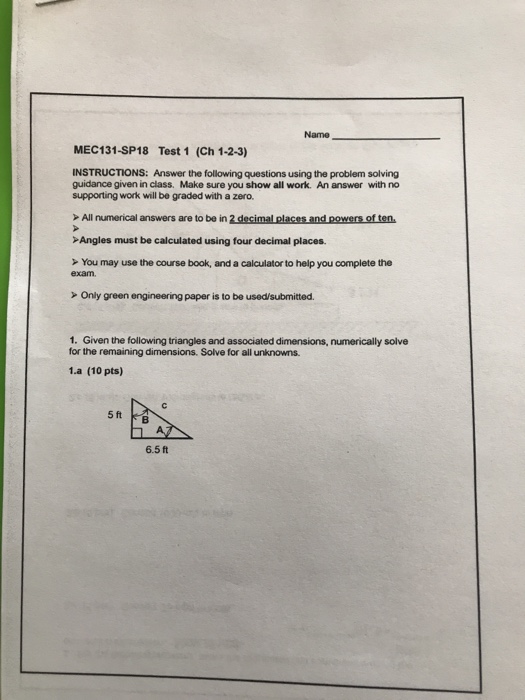 Solved Name MEC131-SP18 Test 1 (Ch 1-2-3) INSTRUCTIONS: | Chegg.com